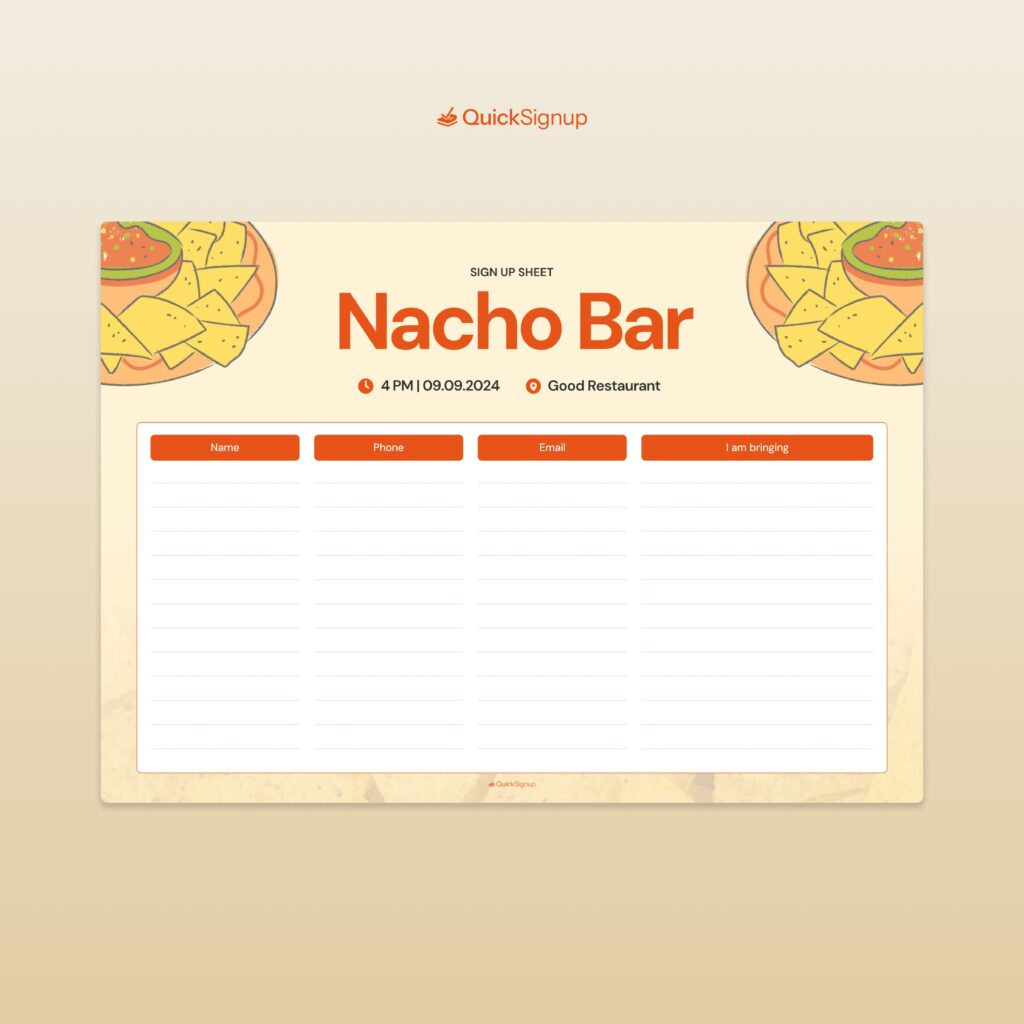 3 Nacho Bar Sign Up Sheet Templates [Word,PDF + Online App]