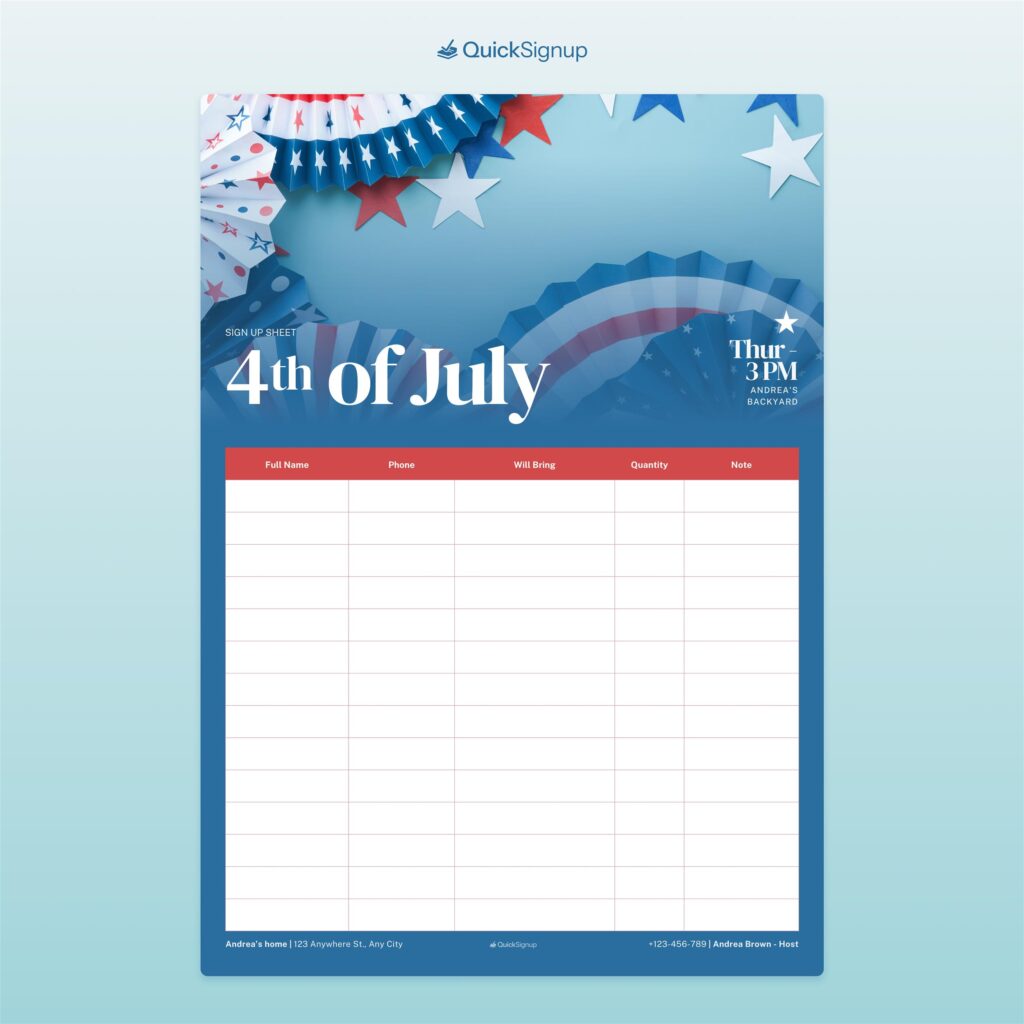 4th of July Potluck Sign Up Sheet Templates [Online + Word]